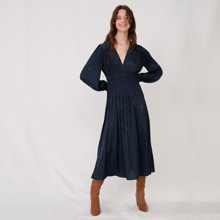 French V-neck puff sleeve fashion waist dress - CJdropshipping