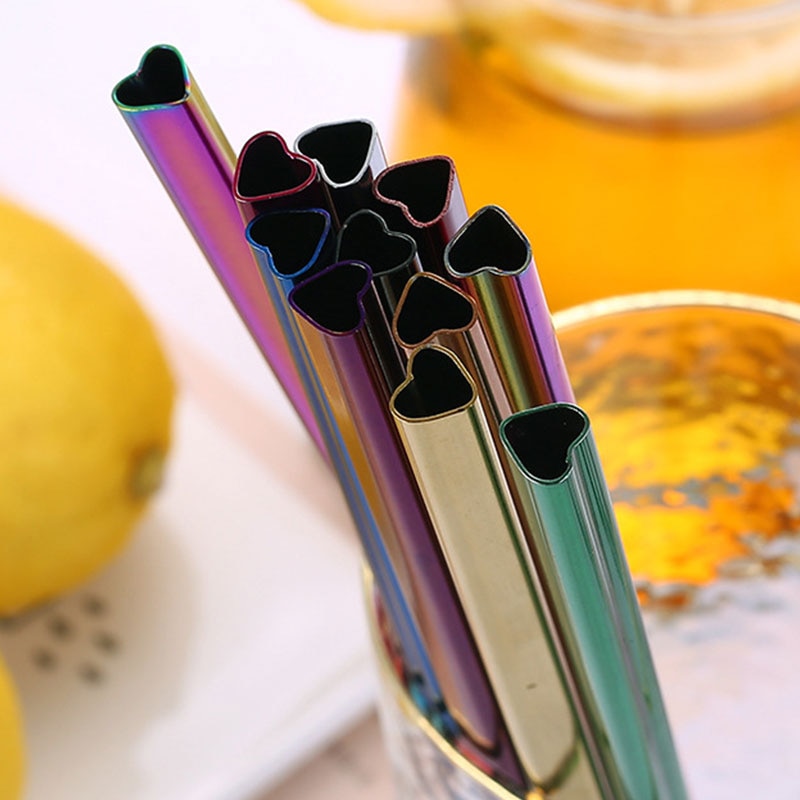 Drinking Straw Reusable Metal Straw Set Heart Shaped Bubble Tea Straws