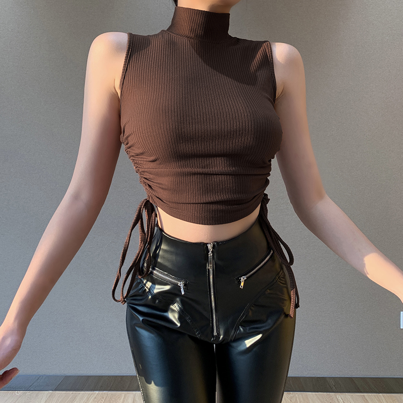 Women's Slim High Neck Waistcoat With Pleated Drawstring - CJdropshipping