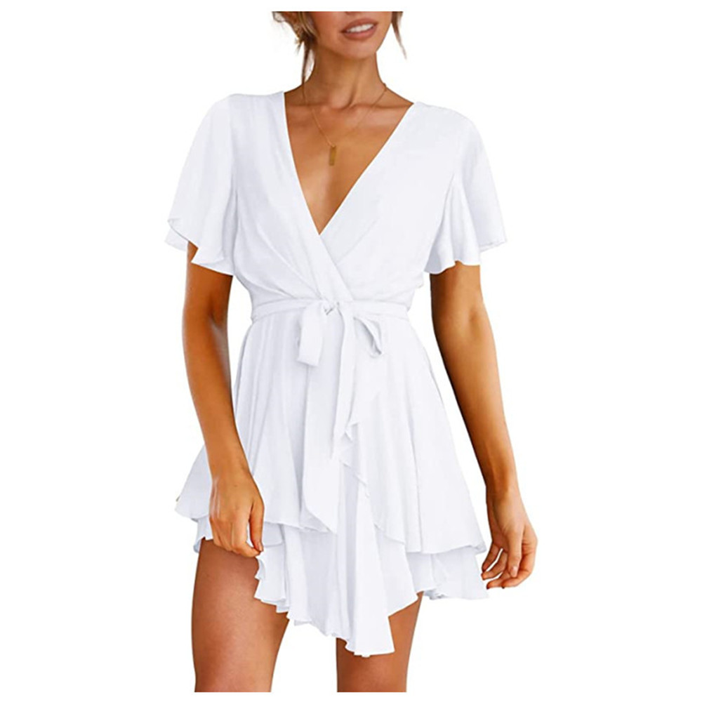V-Neck Short Sleeve Mini Flowy Dress - CJdropshipping