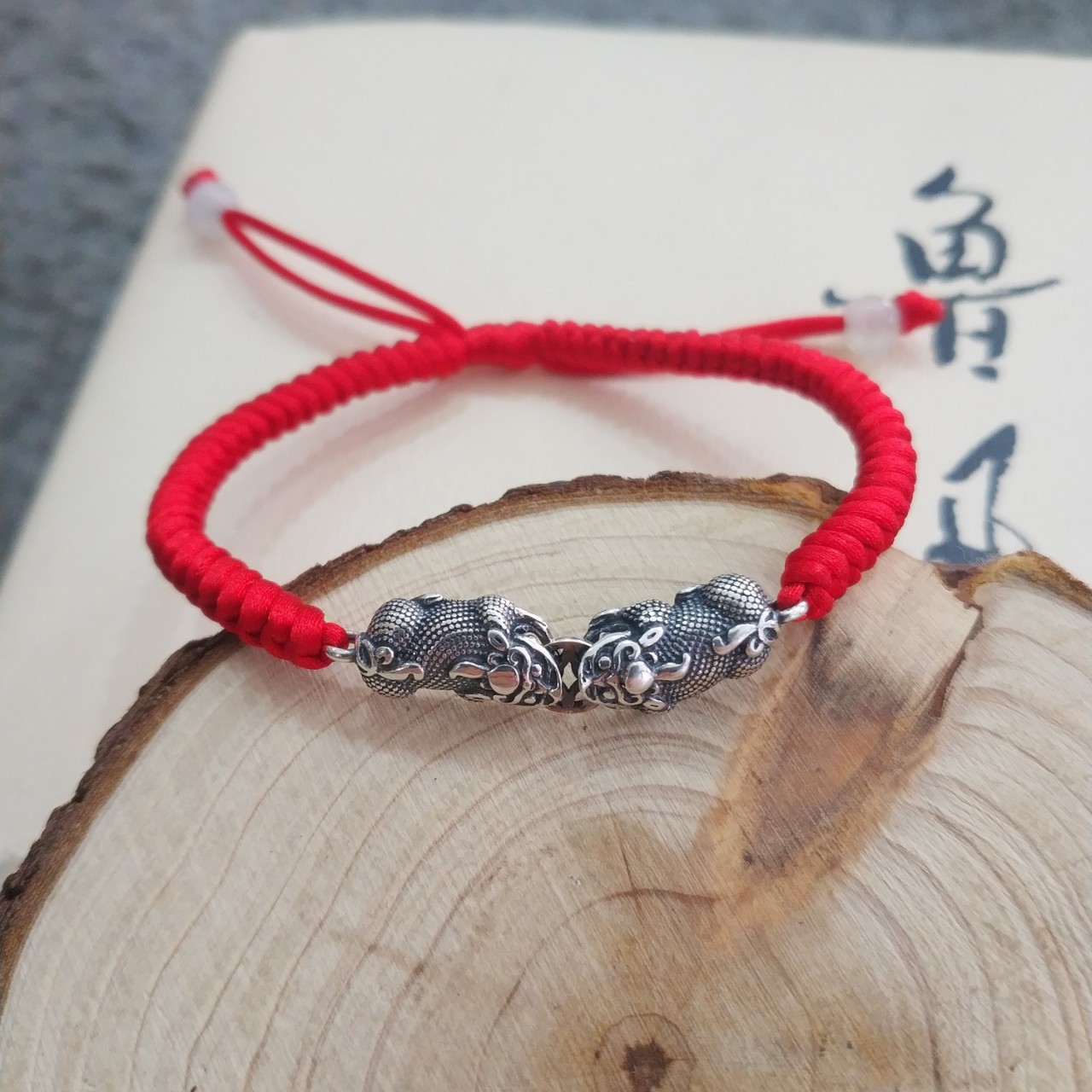 925 Sterling Silver Bitten Coin Double Pixiu Red String Bracelet ...