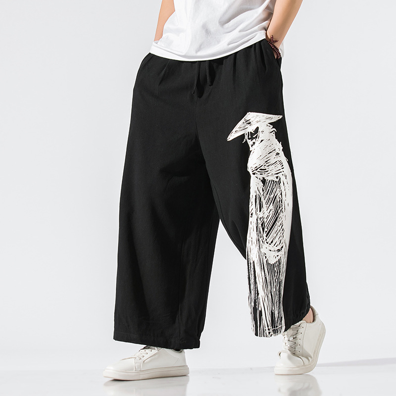 Japanese Style Oversized Pants Printed Linen Wide CJdropshipping