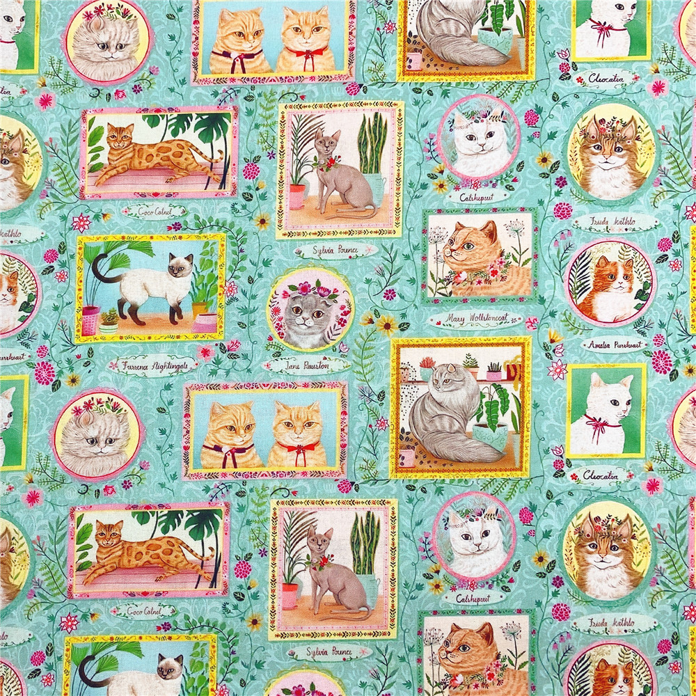 Photo Frame Floral Cat Print Fabric - CJdropshipping