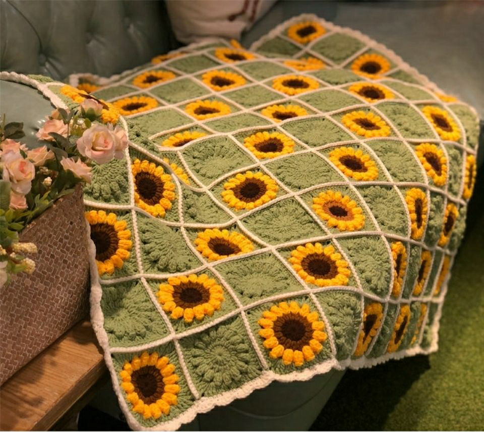 Handmade DIY Woolen Knitted Sunflower Flower Blanket - CJdropshipping