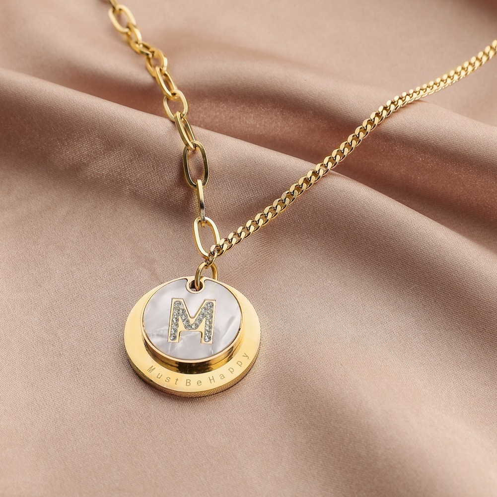 Stainless Steel Gold Shell Letter M Pendant With Diamonds - CJdropshipping